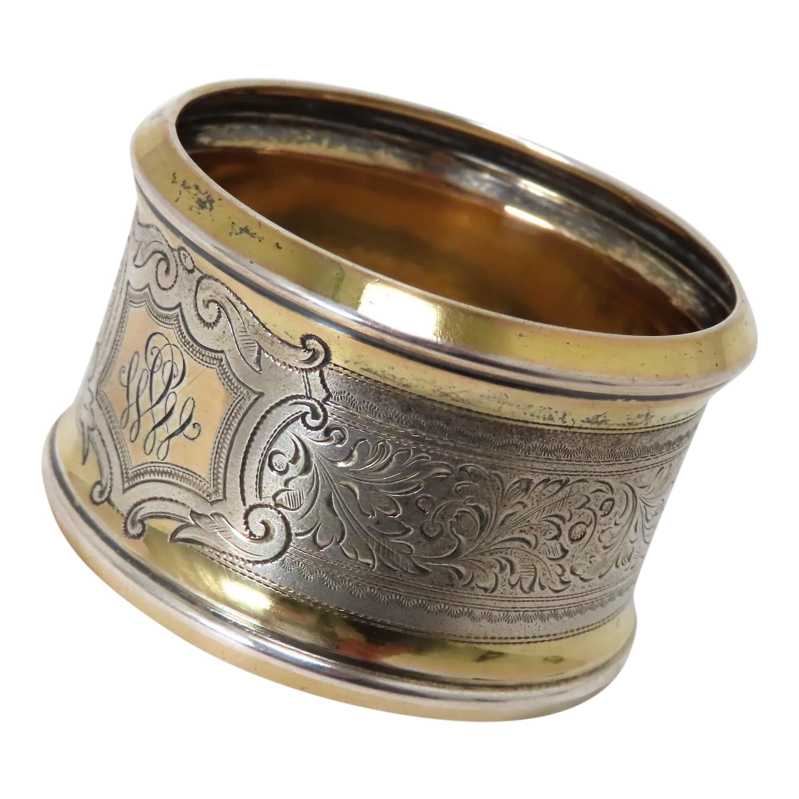 Large Antique Hand Engraved & Gold Wash Coin Silver Nakpin Ring | Chairish