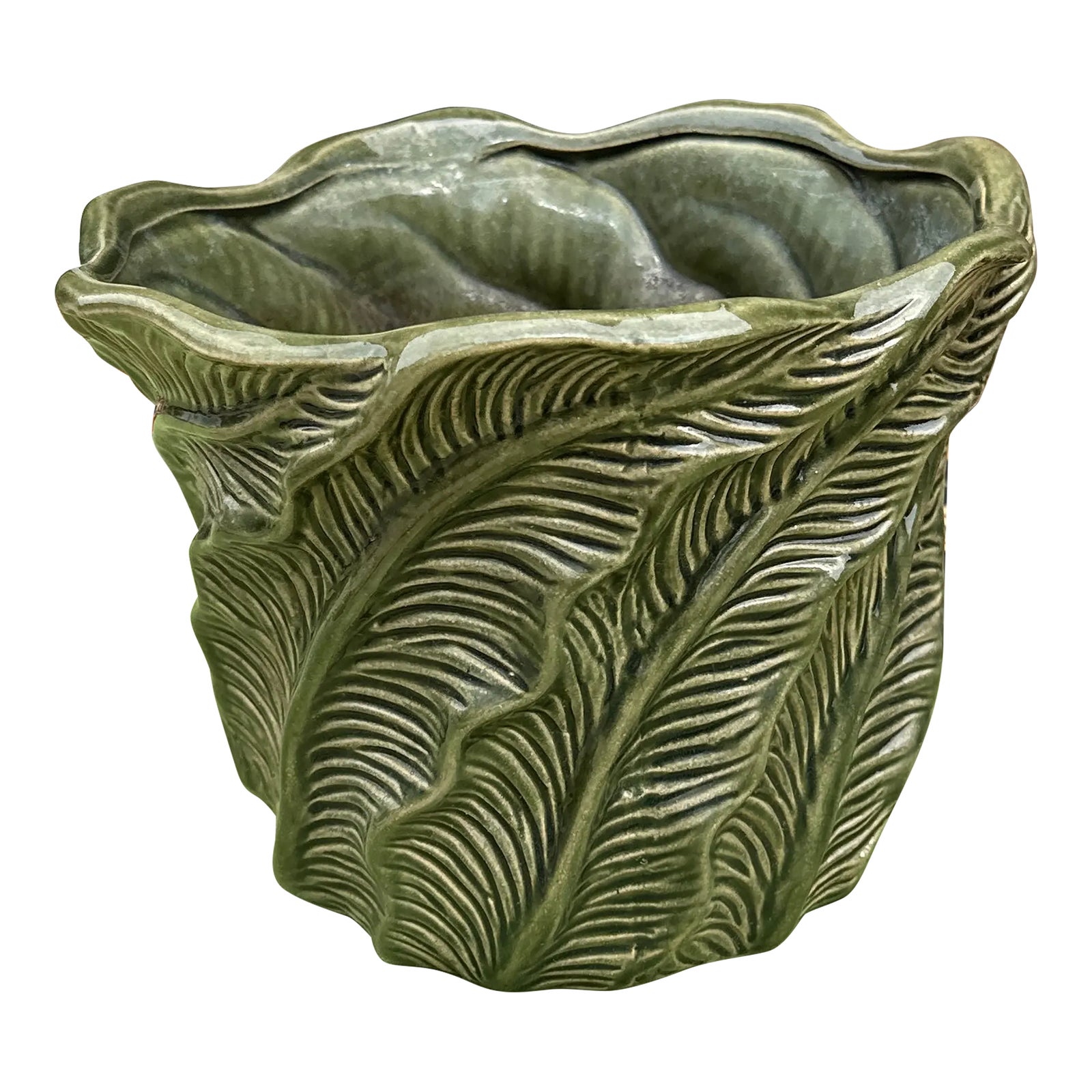 1970s Ceramic Green Leaf Planter | Chairish