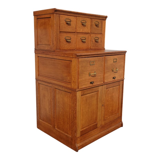 Antique Shannon File Oak Stacking Sectional Double File Cabinet Card ...