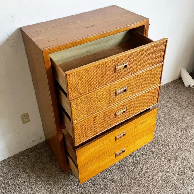 Mid Century Boho Wicker and Wooden Highboy Dresser by Dixie Furniture ...