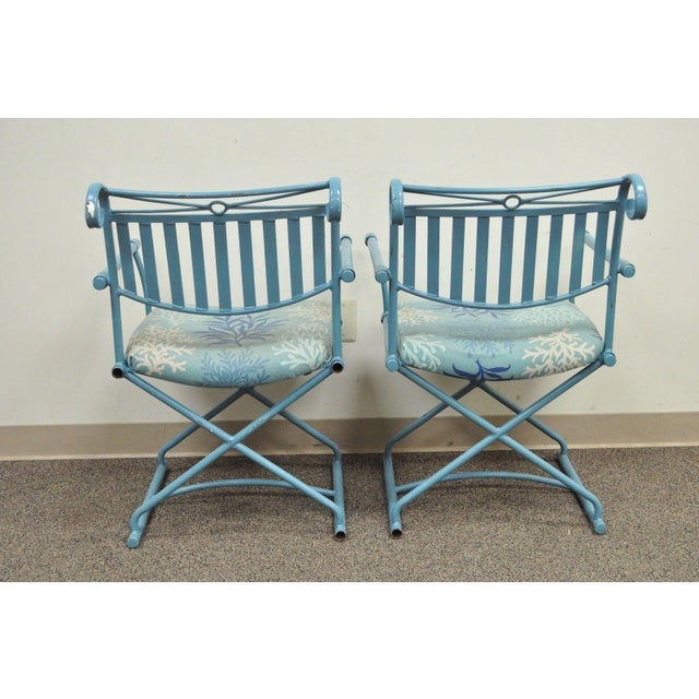 Vintage Hollywood Regency X-Form Blue Iron Curule Directors Armchairs ...
