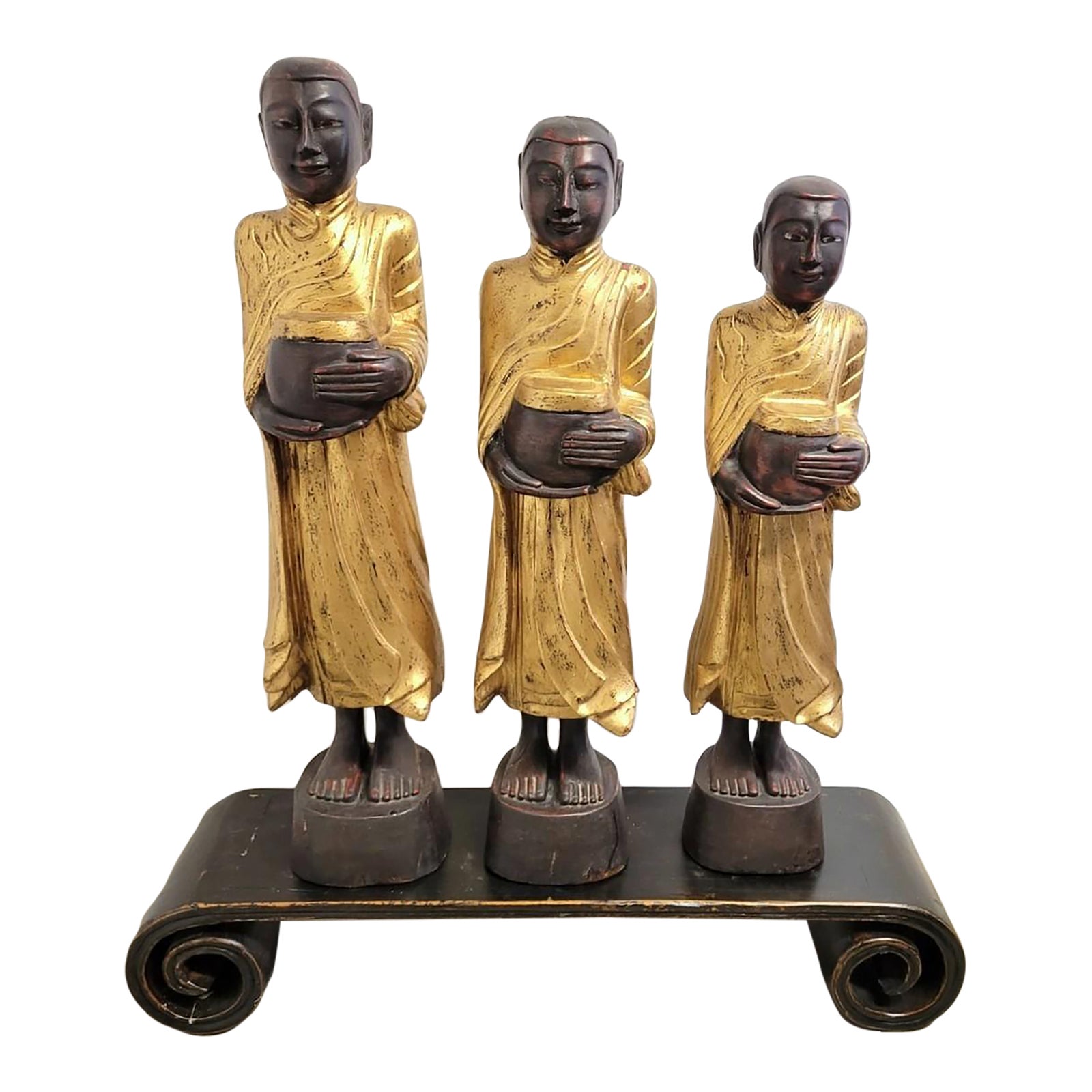 Set of Three Large Carved Gilt Thai Monks on Scroll Base, Late 20th ...