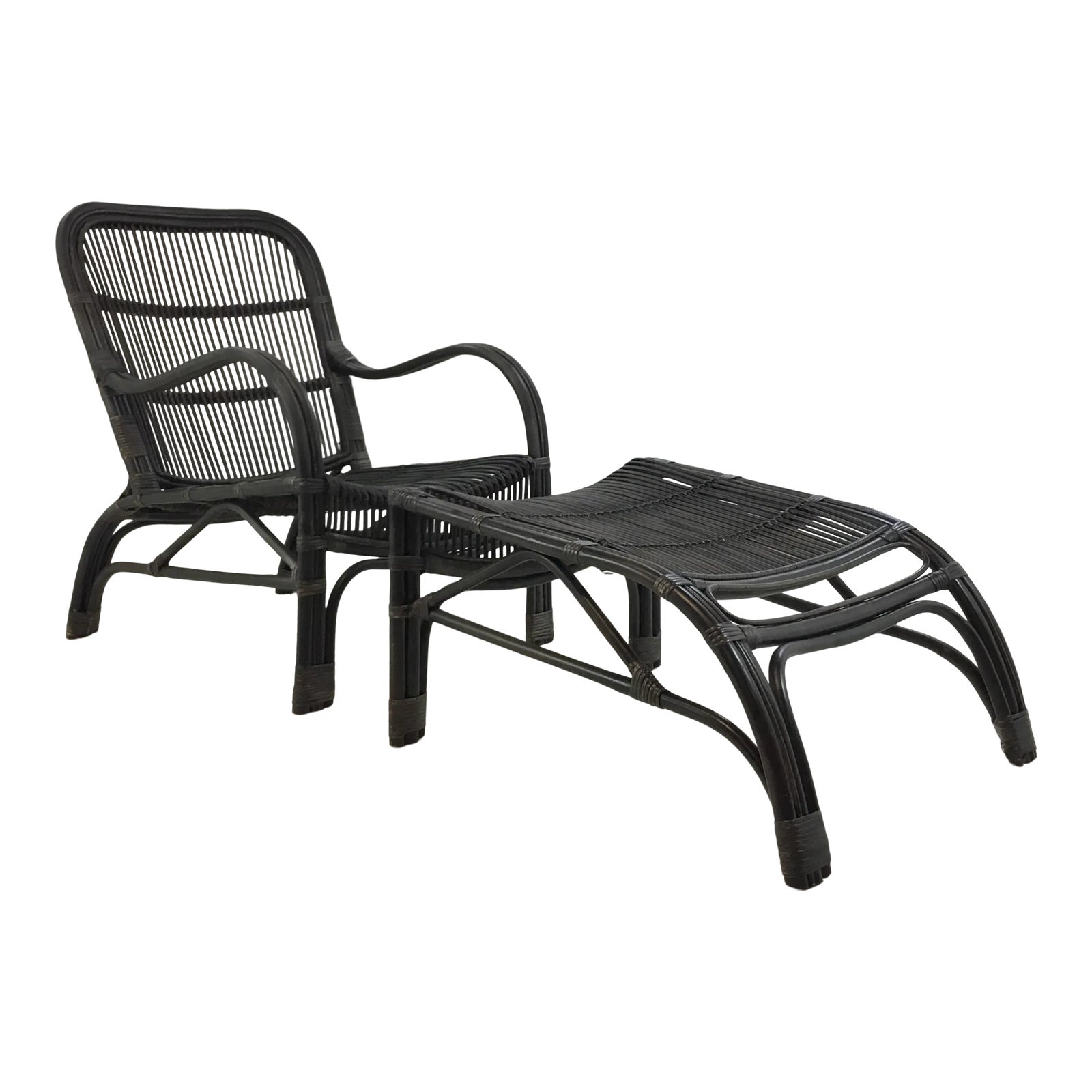 Asian Modern Black Rattan Chair and Footstool Set of Two | Chairish
