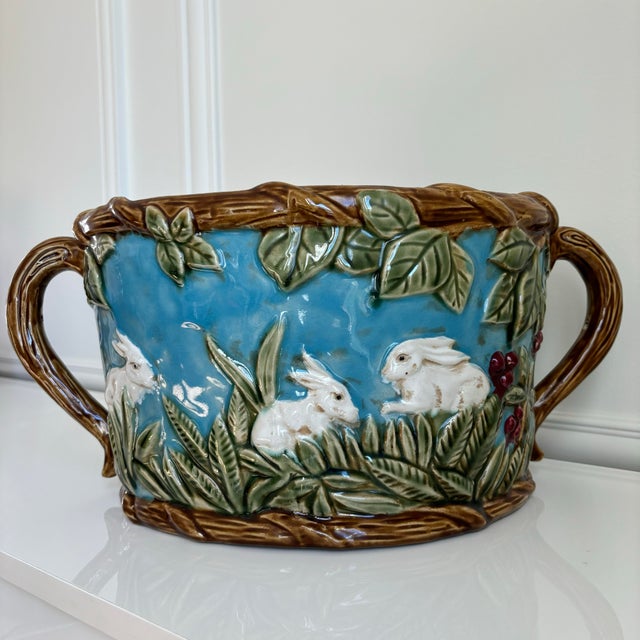 Mid-Century French Painted Majolica Cachepot With Rabbits Leaf Motifs ...