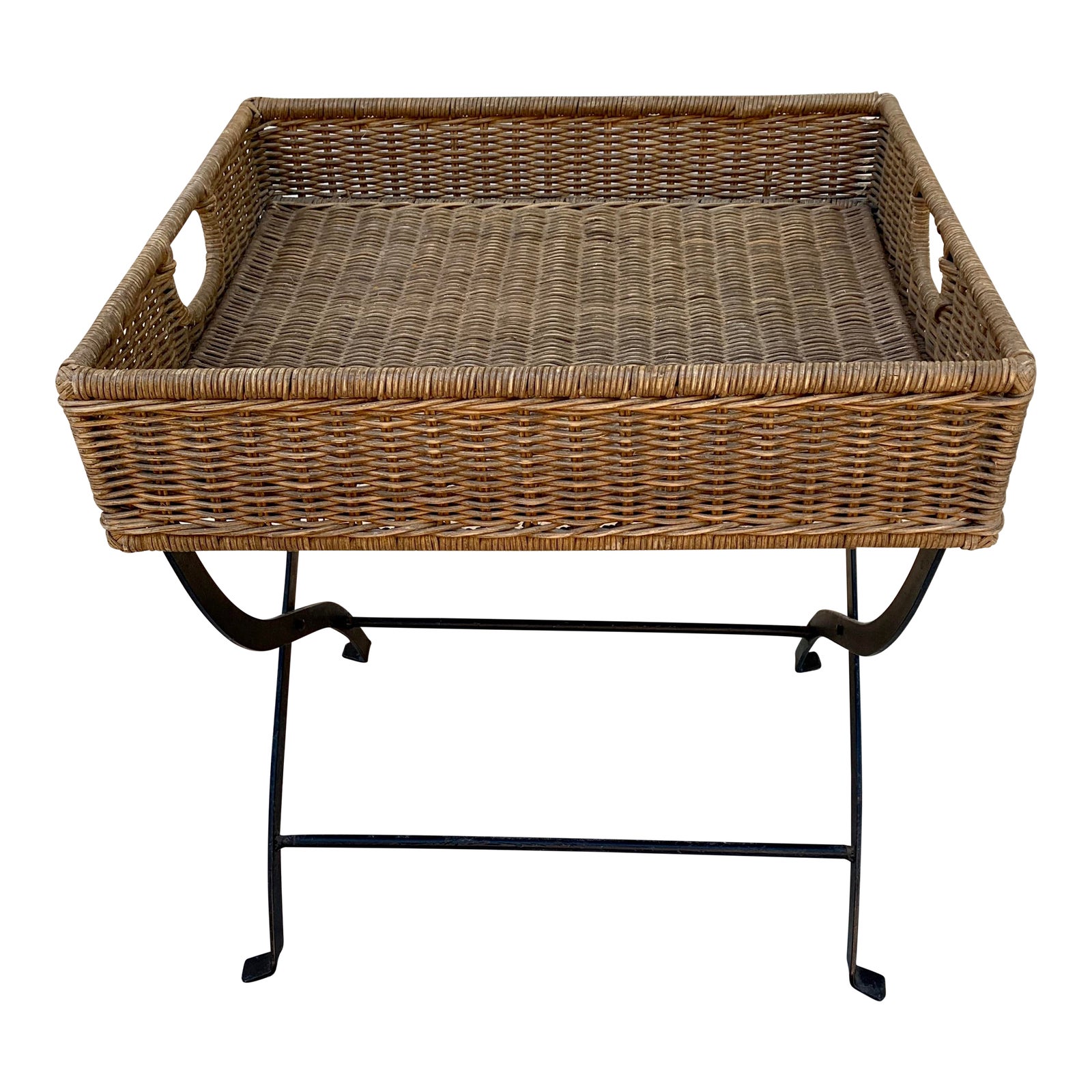 Vintage Iron and Wicker Folding Tray Table | Chairish