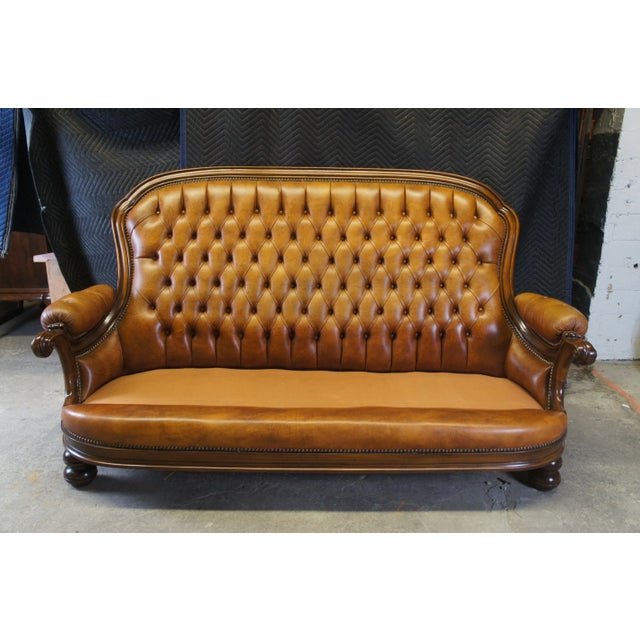 1980s Vintage Italian Fruitwood Tufted Leather Nailhead 3 Seat Library ...