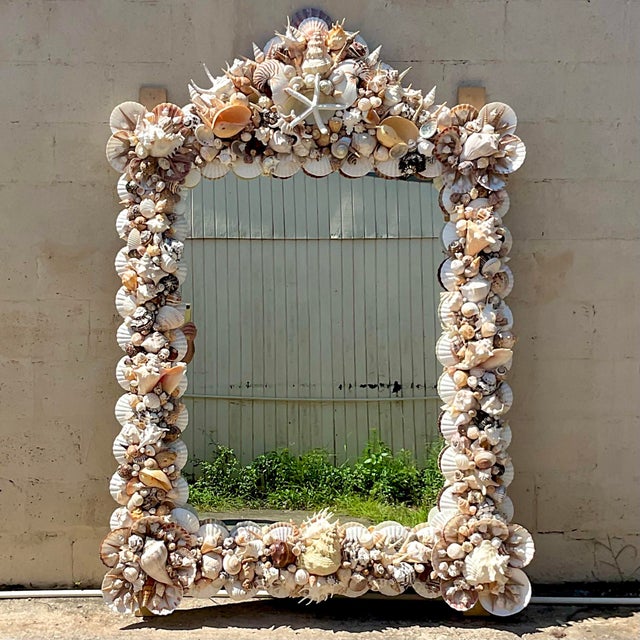 Vintage Coastal Monumental Handmade Shell Wall Mirror | Chairish