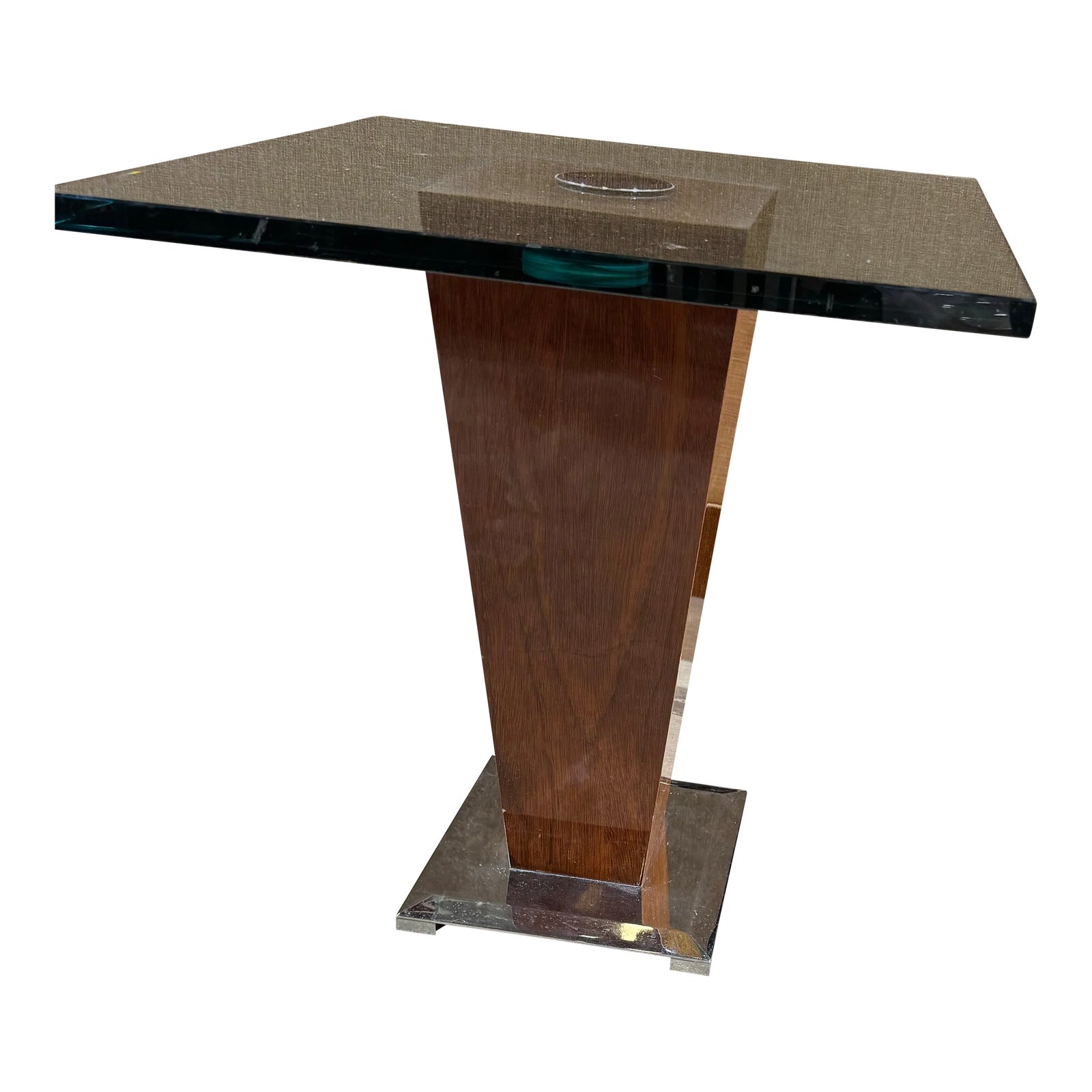 1990s Modern Inverted Triangle Table Walnut, Chrome, & Glass | Chairish