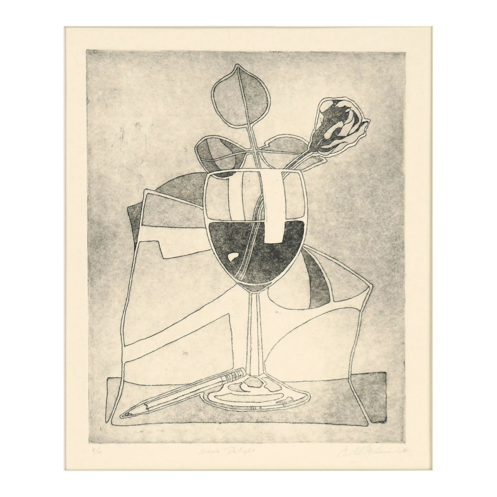 "Simple Delight" - Wine Glass & Rose Still Life Etching in Ink on Paper ...
