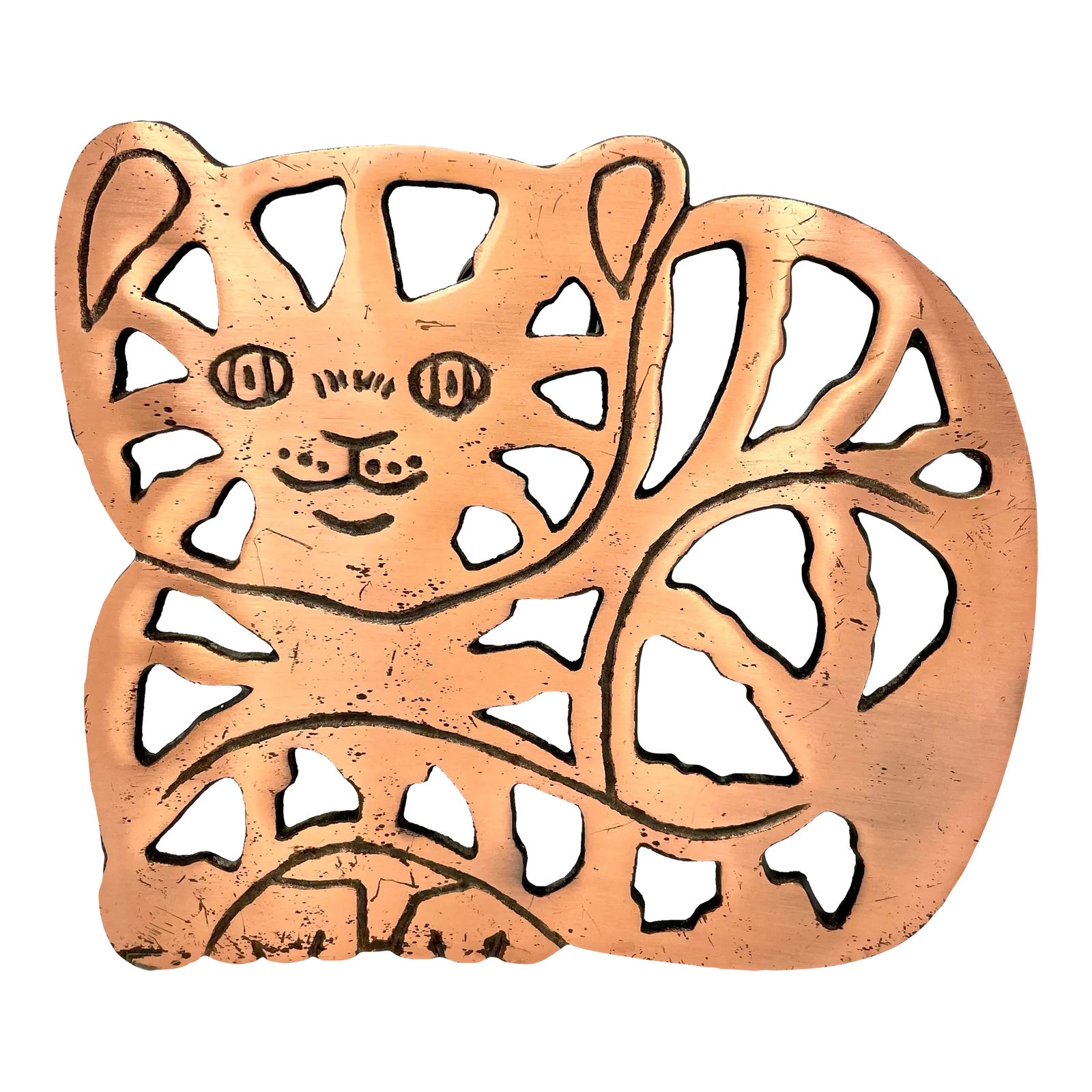 1990s Vintage Metal Copper Cat Trivet | Chairish