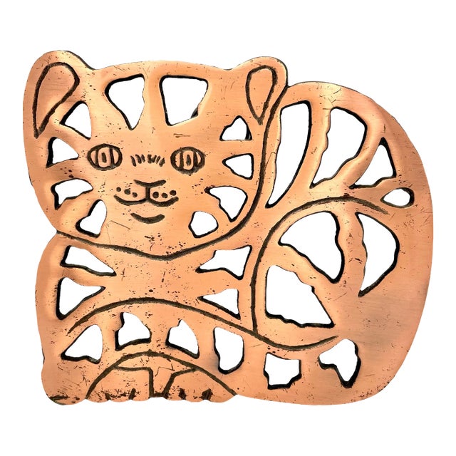 1990s Vintage Metal Copper Cat Trivet | Chairish