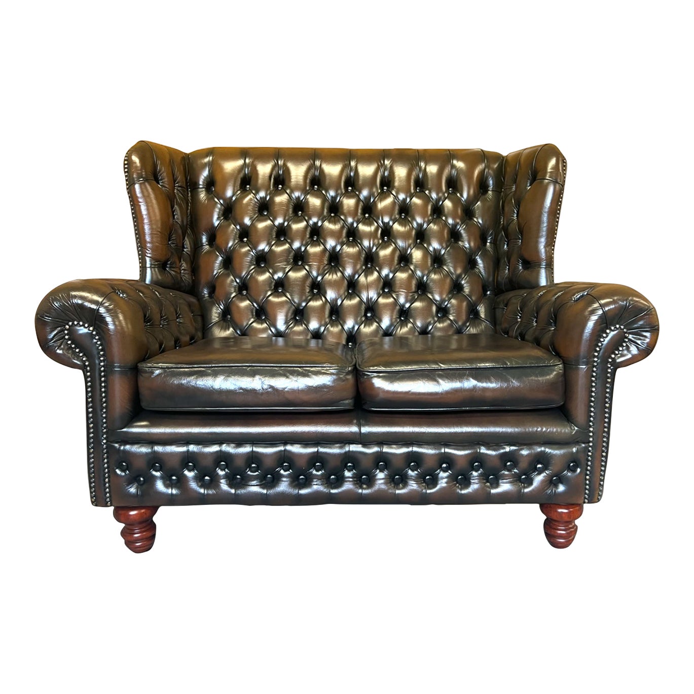 Vintage Mid-Century English Leather Button Tufted Chesterfield Monks ...
