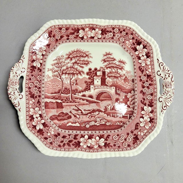 Antique Square Handled Spode Cake Plate Pink Tower | Chairish