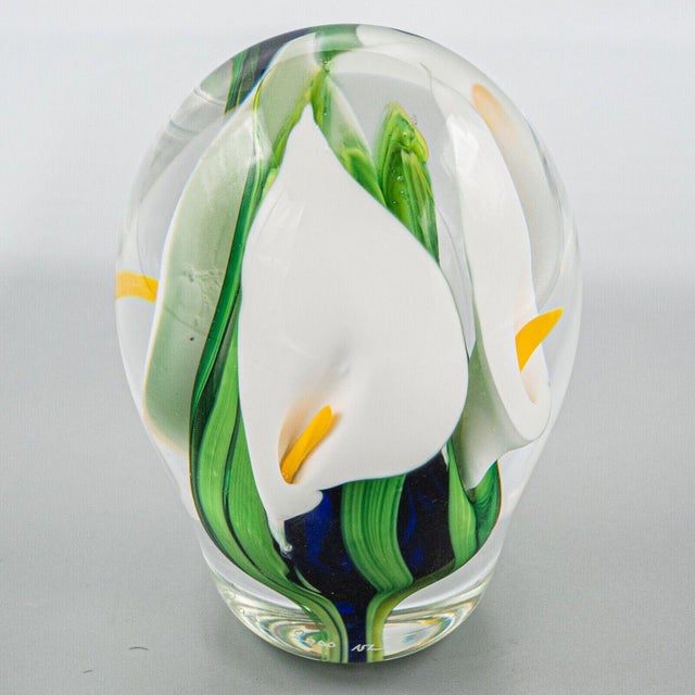 1999 Peter Raos Art Glass Calla Lilies Domed Paperweight | Chairish