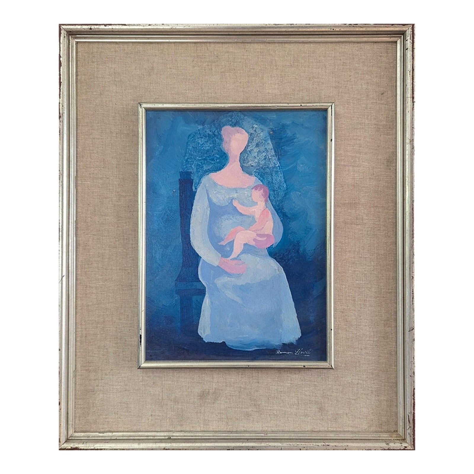 1983 Mid-Century Modern "Embrace in Blue" Figurative Portrait Oil ...