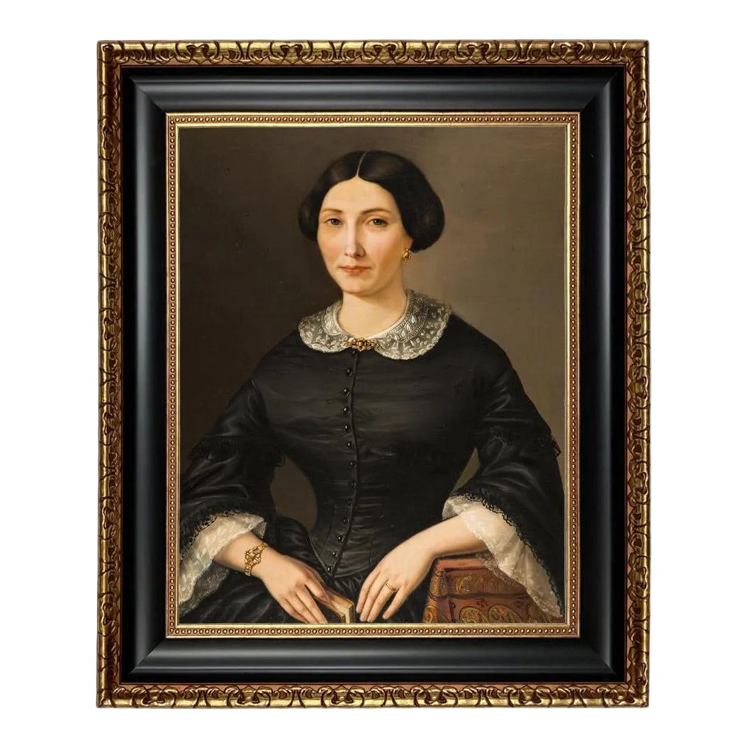 Early Victorian Lady Framed Oil Painting Print on Canvas, Black and ...