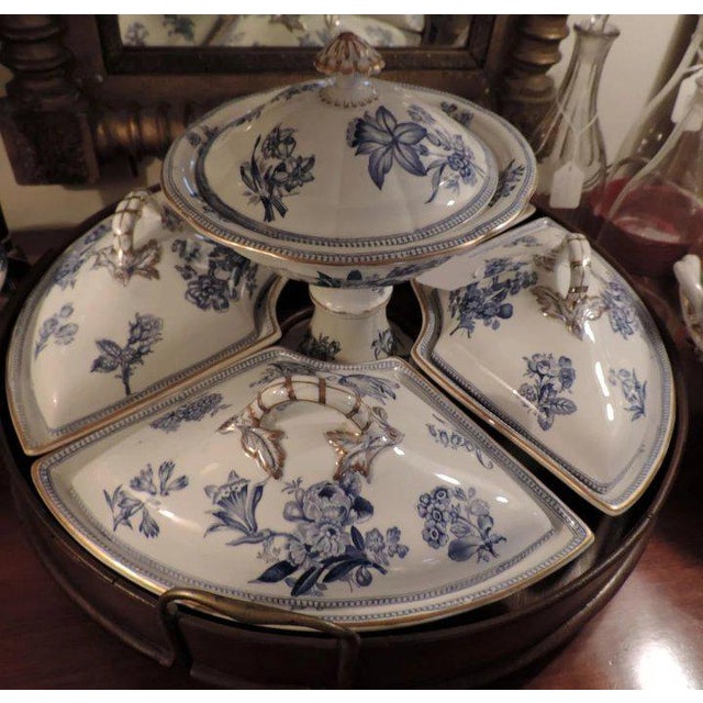 19th Century English Blue & White Porcelain Supper Set & Mahogany Lazy ...