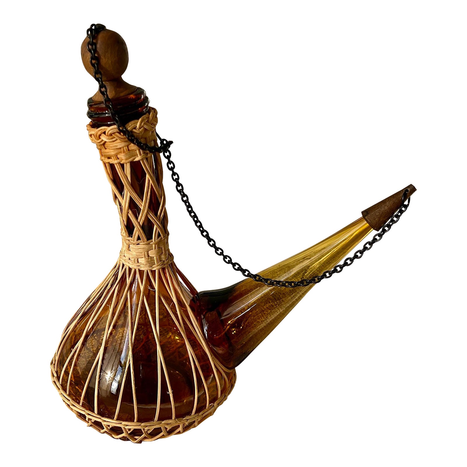 1950s Amber Glass Woven Rattan Porrón Spanish Decanter | Chairish