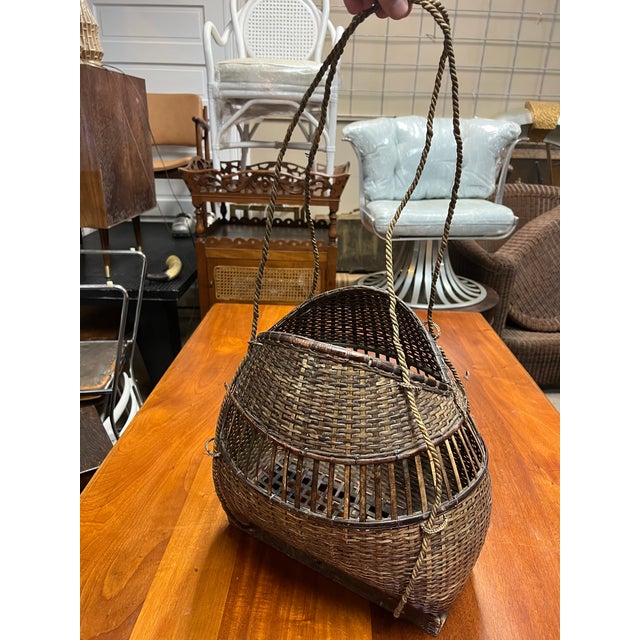 20th Century Rustic Asian Antique Bamboo Wicker Fish Basket | Chairish