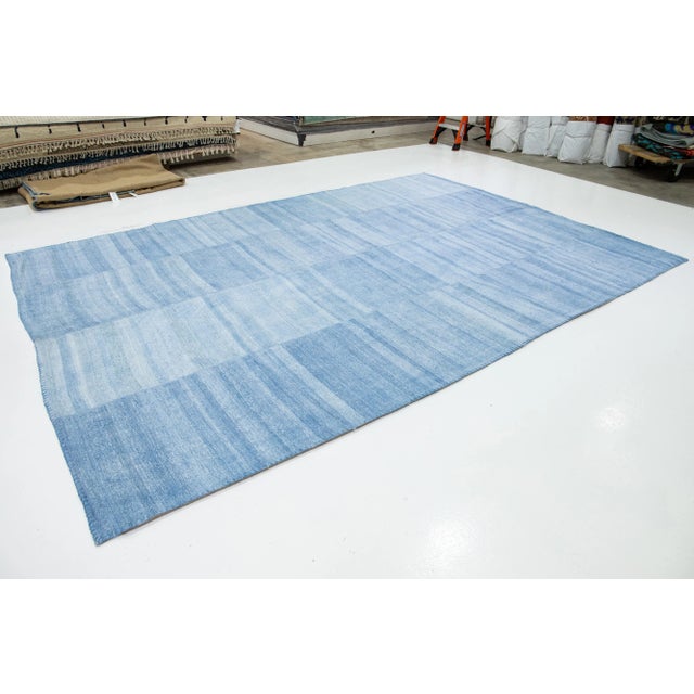 Flatweave Kilim Modern Wool Rug With Stripe Design in Denim Blue | Chairish