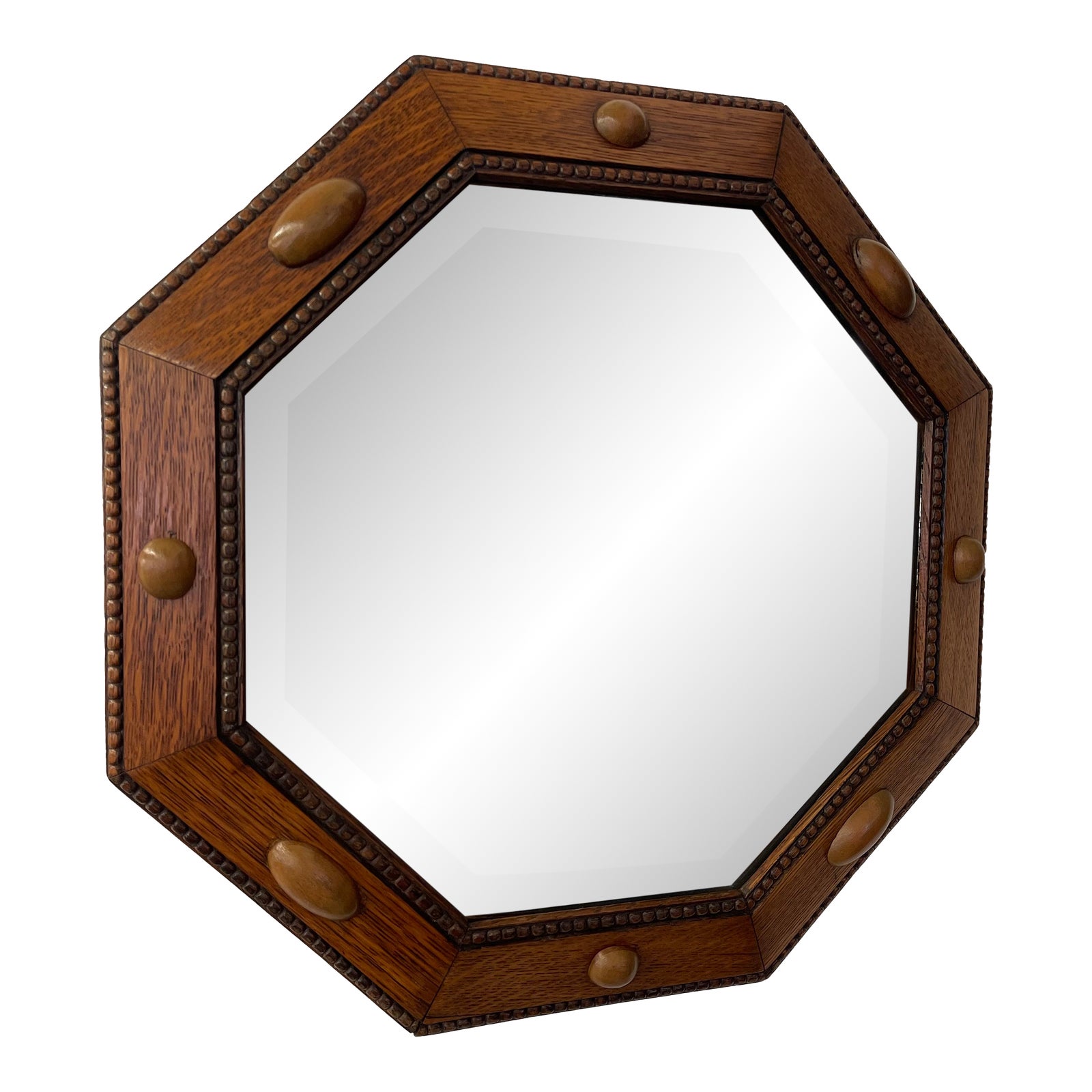 Antique Arts and Crafts Octagonal Beveled Mirror With Carved Oak Frame ...