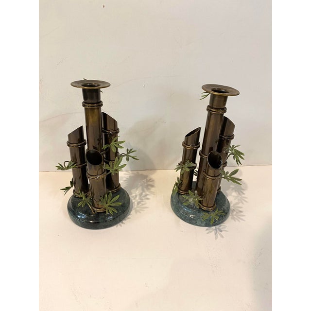 Bamboo Shape Metal Candlesticks - a Pair | Chairish