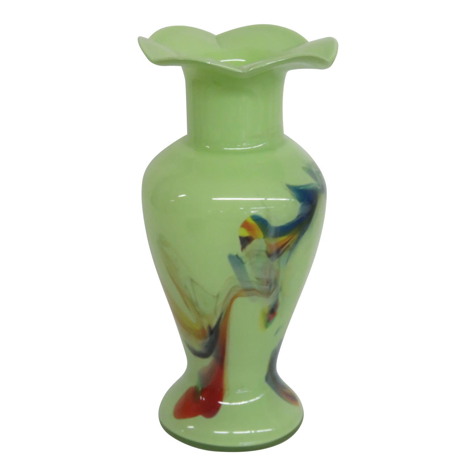 Dalian Art Hand Blown Glass Green Colorful Ruffle Top Vase | Chairish