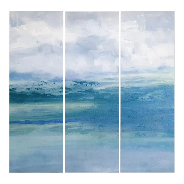 "In a World of Her Own Blues" KR Moehr Abstract Coastal Triptych Canvas ...