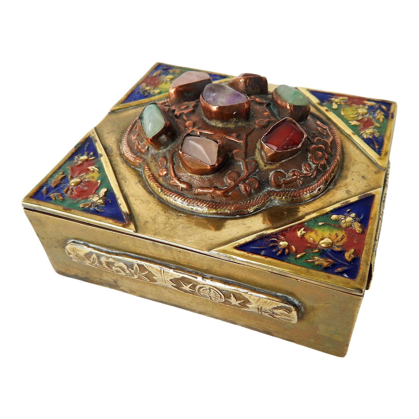 Antique Chinese Brass Box With Semi-Precious Stones | Chairish