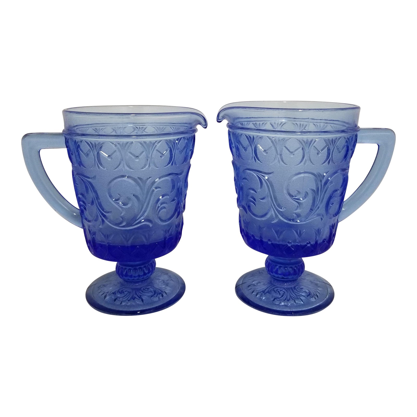 Vintage 1950’s Blue Pressed Glass Water Pitcher | Chairish
