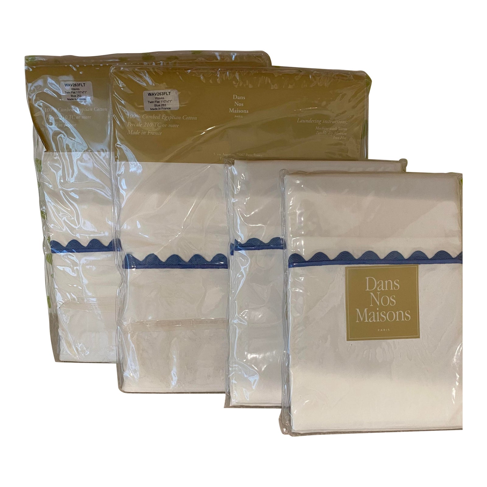 4 Piece Set French Sheets and Cases, Twin With Blue Waves Trim | Chairish