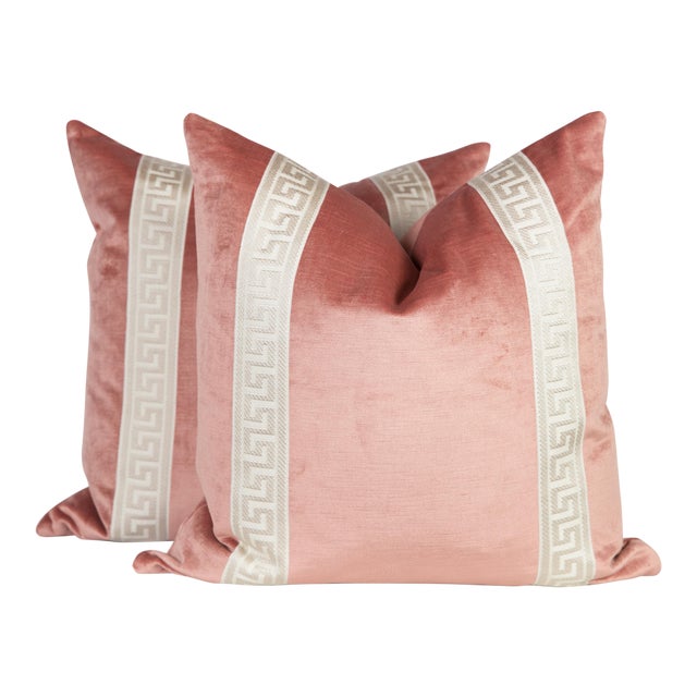 Blush Velvet Greek Key Pillows, a Pair | Chairish