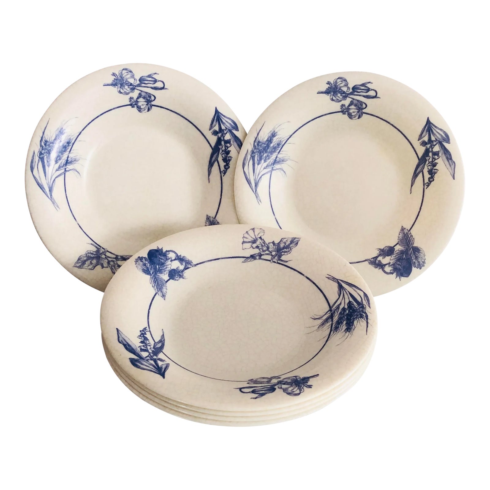 Vintage Arcopal France Blue & White Crackle Design Dinner Bowls S/6 ...