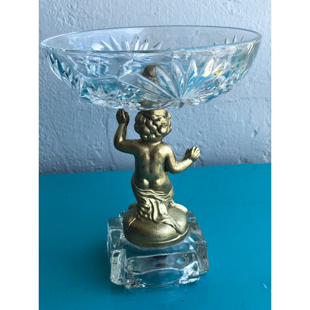 Vintage Crystal Brass Metal Glass Compote Cherub Pedestal Bowl | Chairish