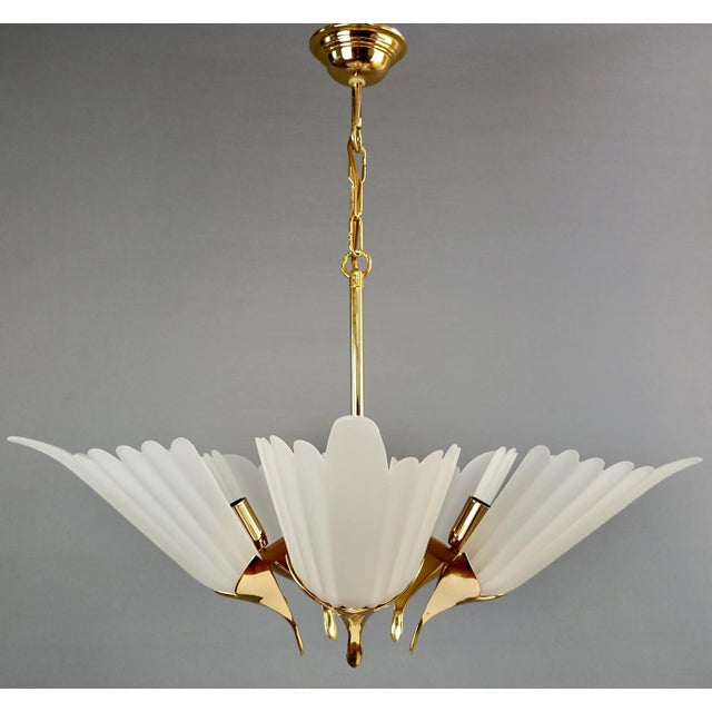 1980s F. Fabbian Five-Light Etched Glass Shades and Gilded Metal Frame ...