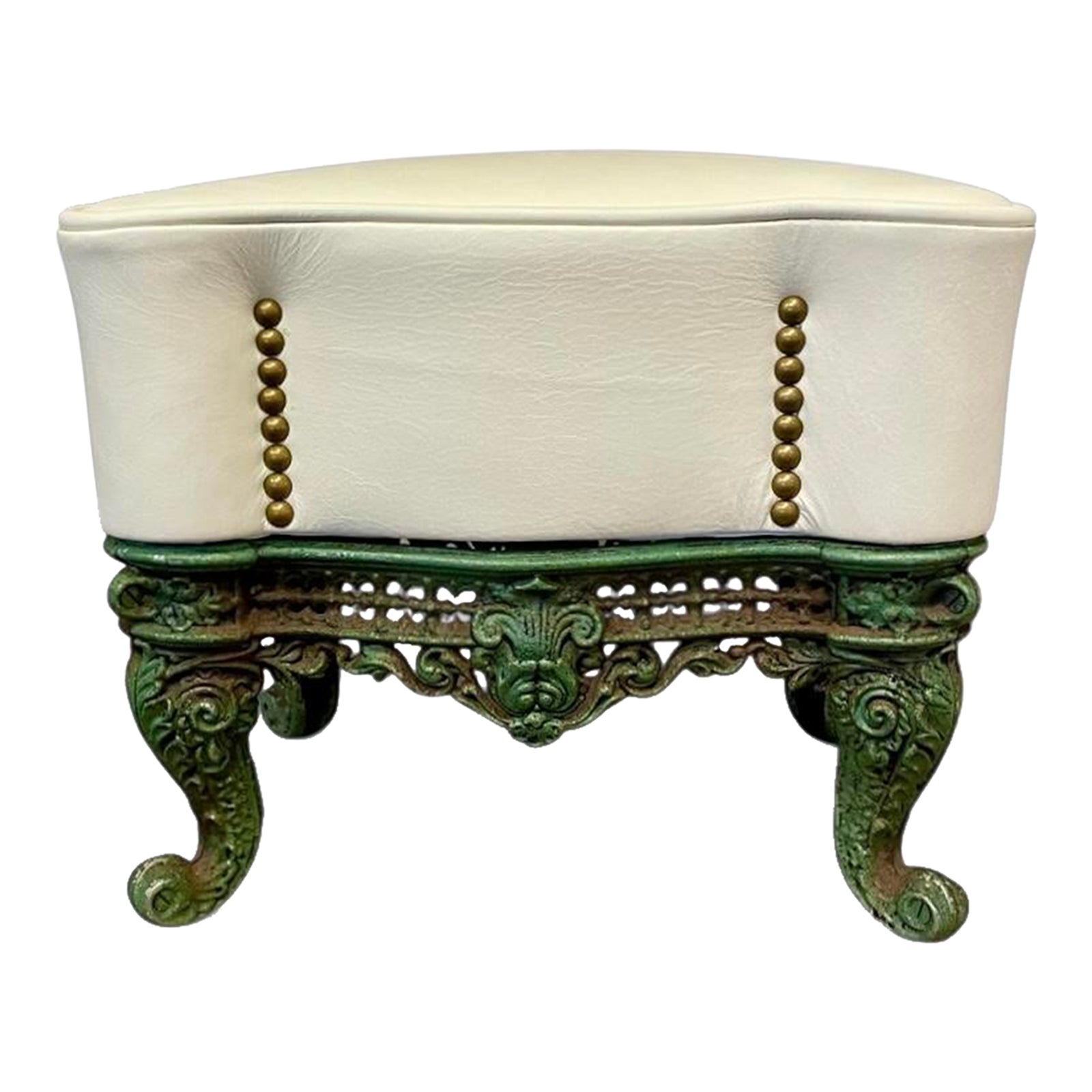 Vintage Cast Iron + Cream Leather Footstool W/ Nailhead Accents | Chairish