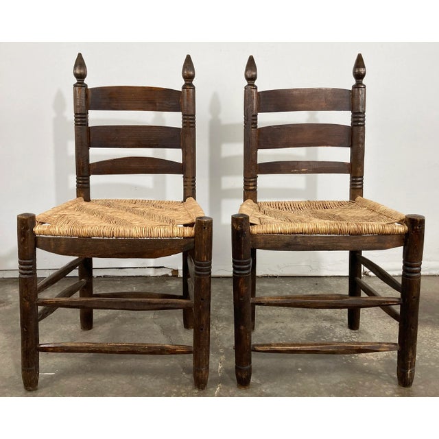 Vintage Primitive Turned Wood Ladderback Chairs With Woven Seats, a ...
