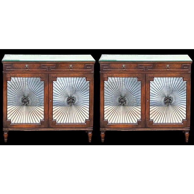 1950s Regency Style Mirrored Sunburst Mahogany Greek Key Cabinets ...