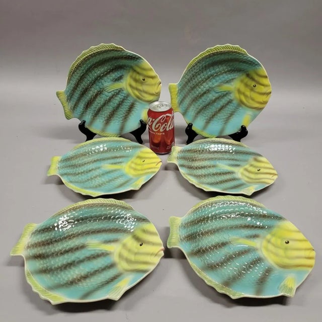 1930's English Aqua and Yellow Ceramic Fish Plates - Set of 6 | Chairish