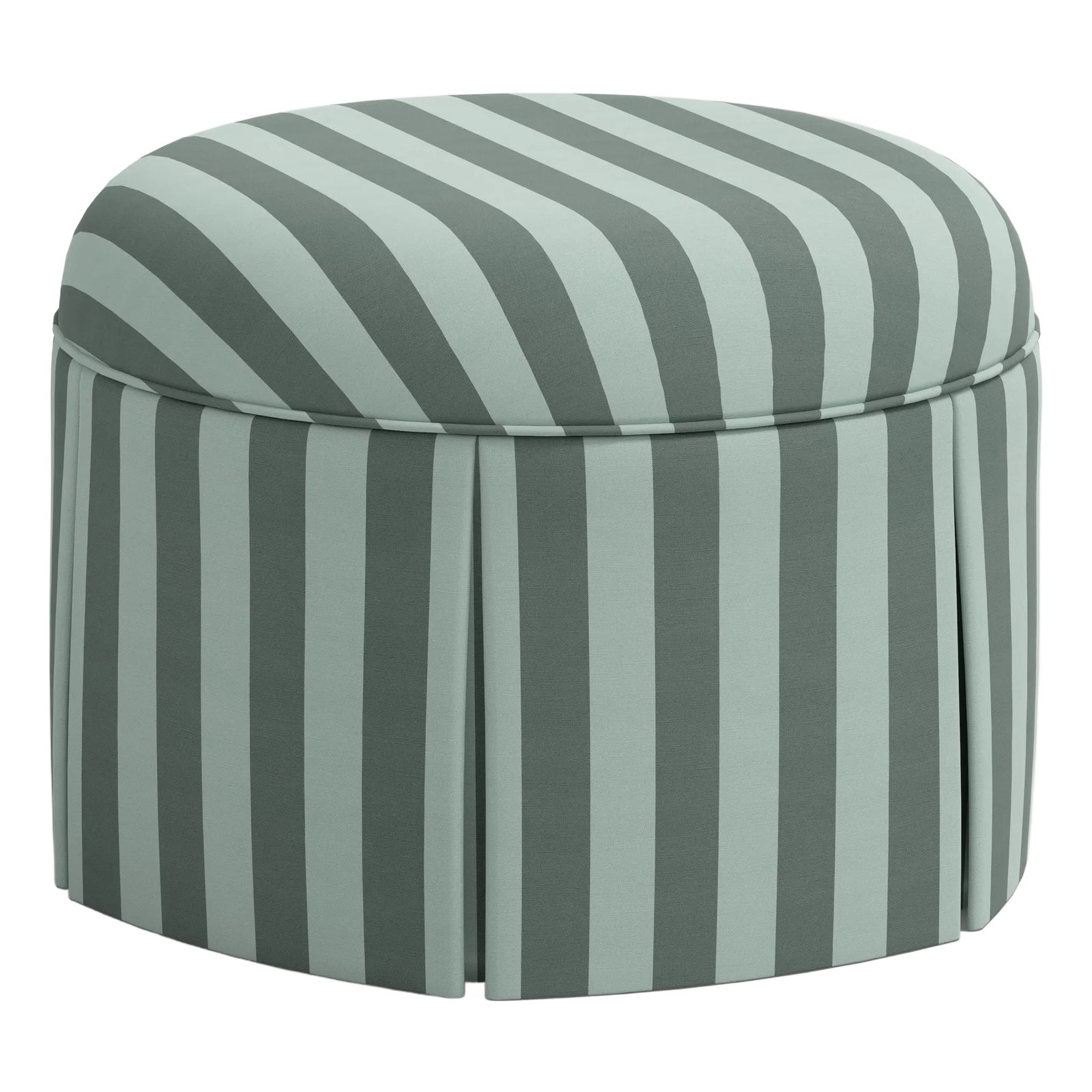 Spritely Home Ely Skirted Ottoman in Canopy Stripe Tonal Teal | Chairish