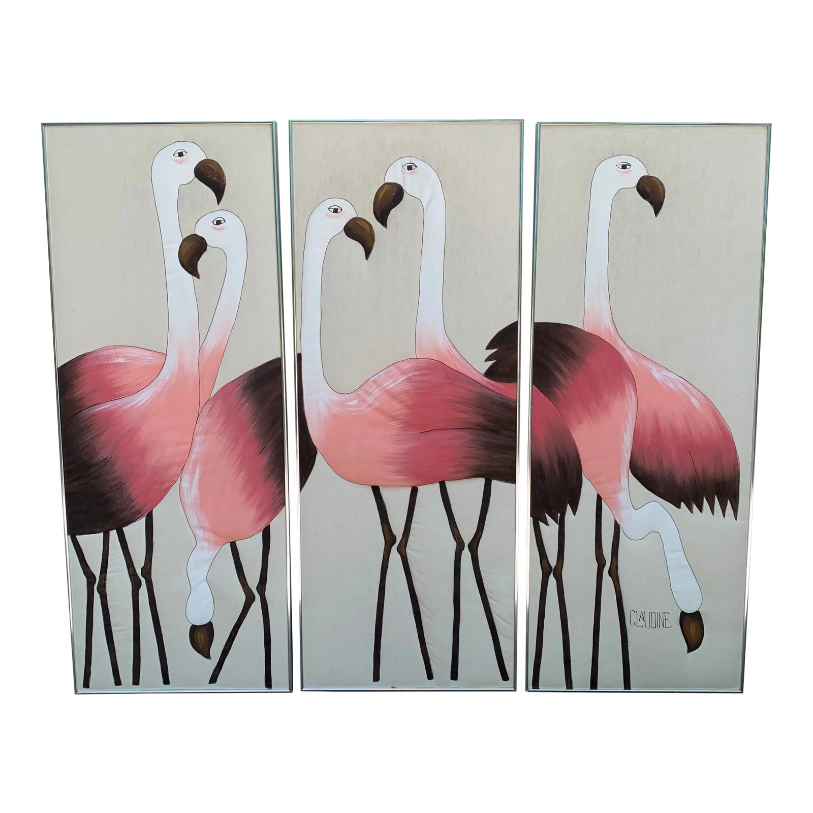 Hand Painted Flamingo Triptych on Fabric | Chairish