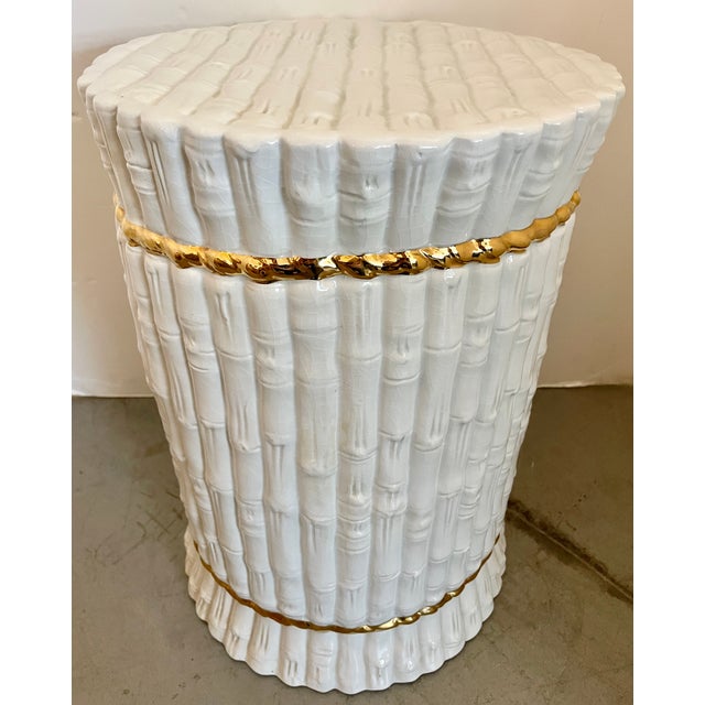 Italian Faux Bamboo White & Gold Ceramic Side Table/Stool From 70's ...