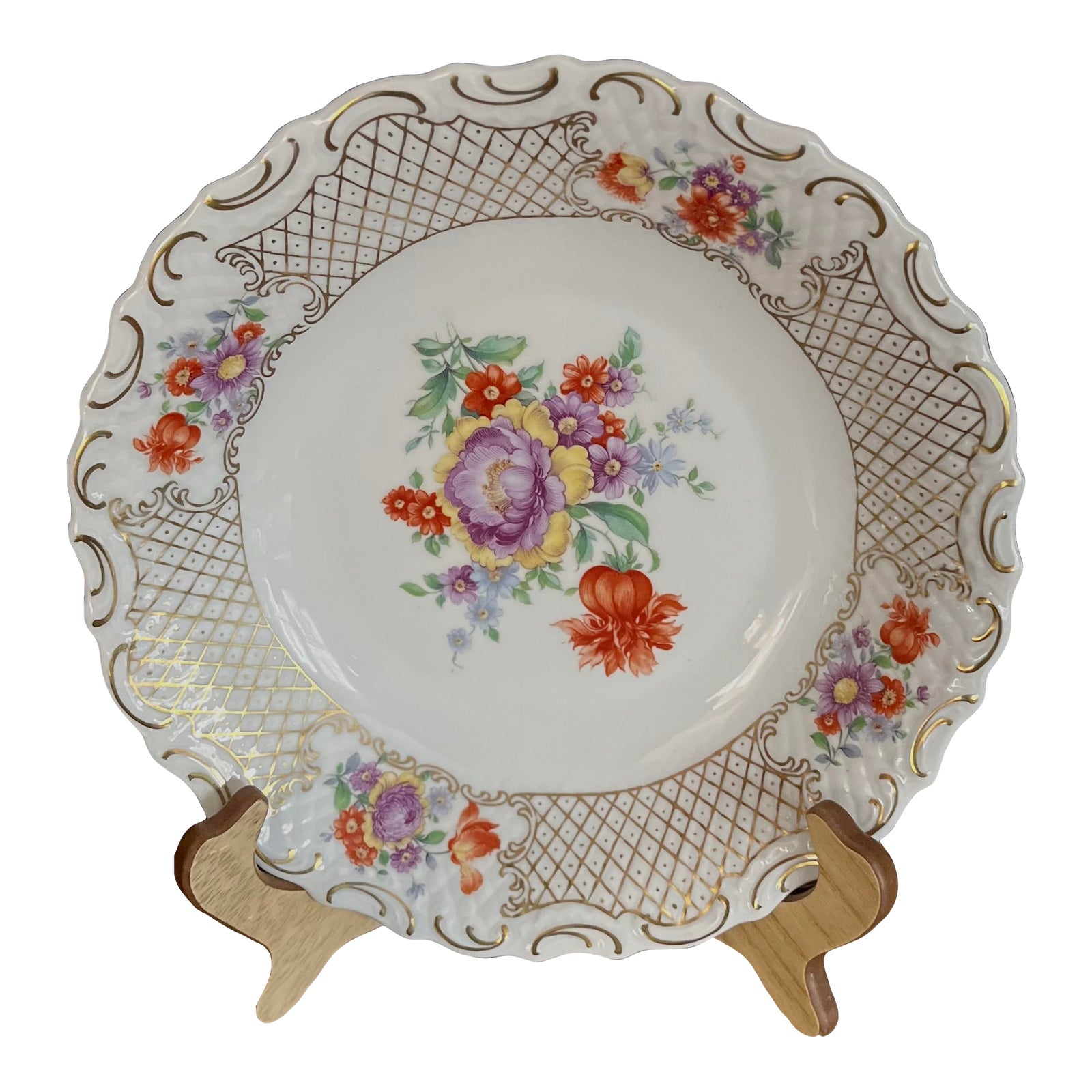 Schumann Bavaria 1940s Serving Bowl With Dresden Flowers | Chairish