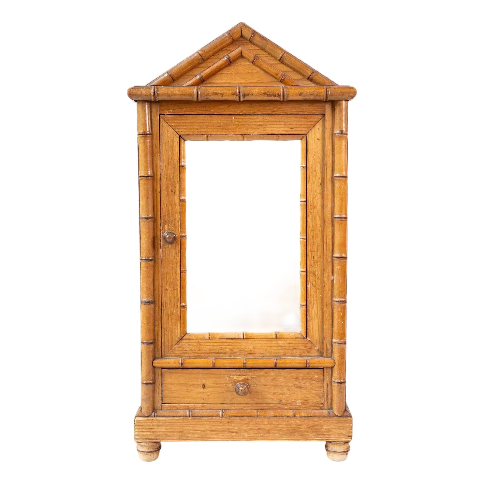 English Pine Bamboo Style Small Vitrine With Mirror | Chairish