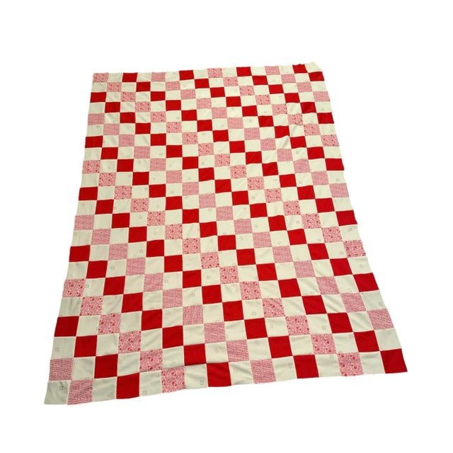 Vintage Knit Red Cream Floral Diamond Checkerboard Quilt Top | Chairish