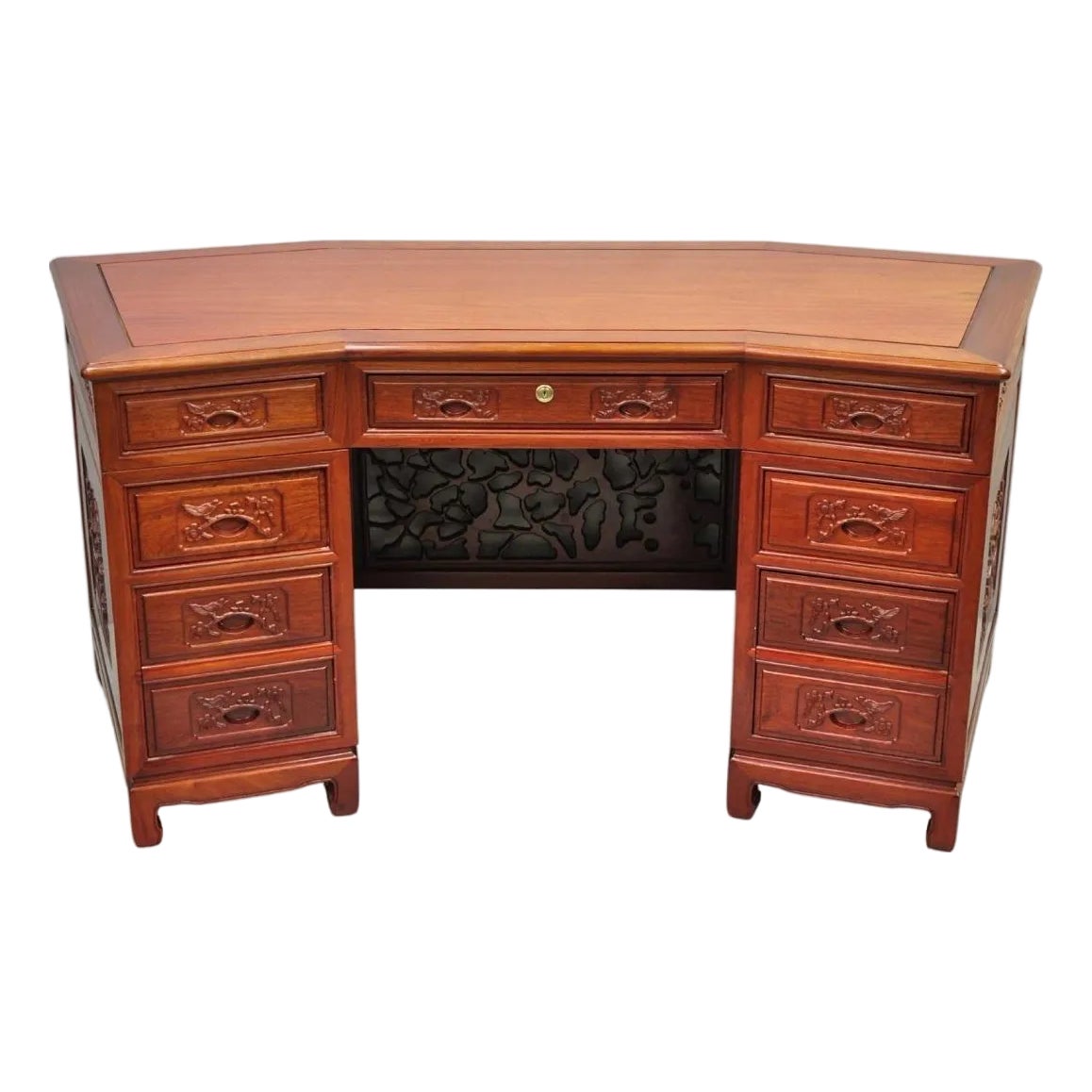 Vintage Chinese Bird Carved Hardwood Kneehole Writing Desk With ...