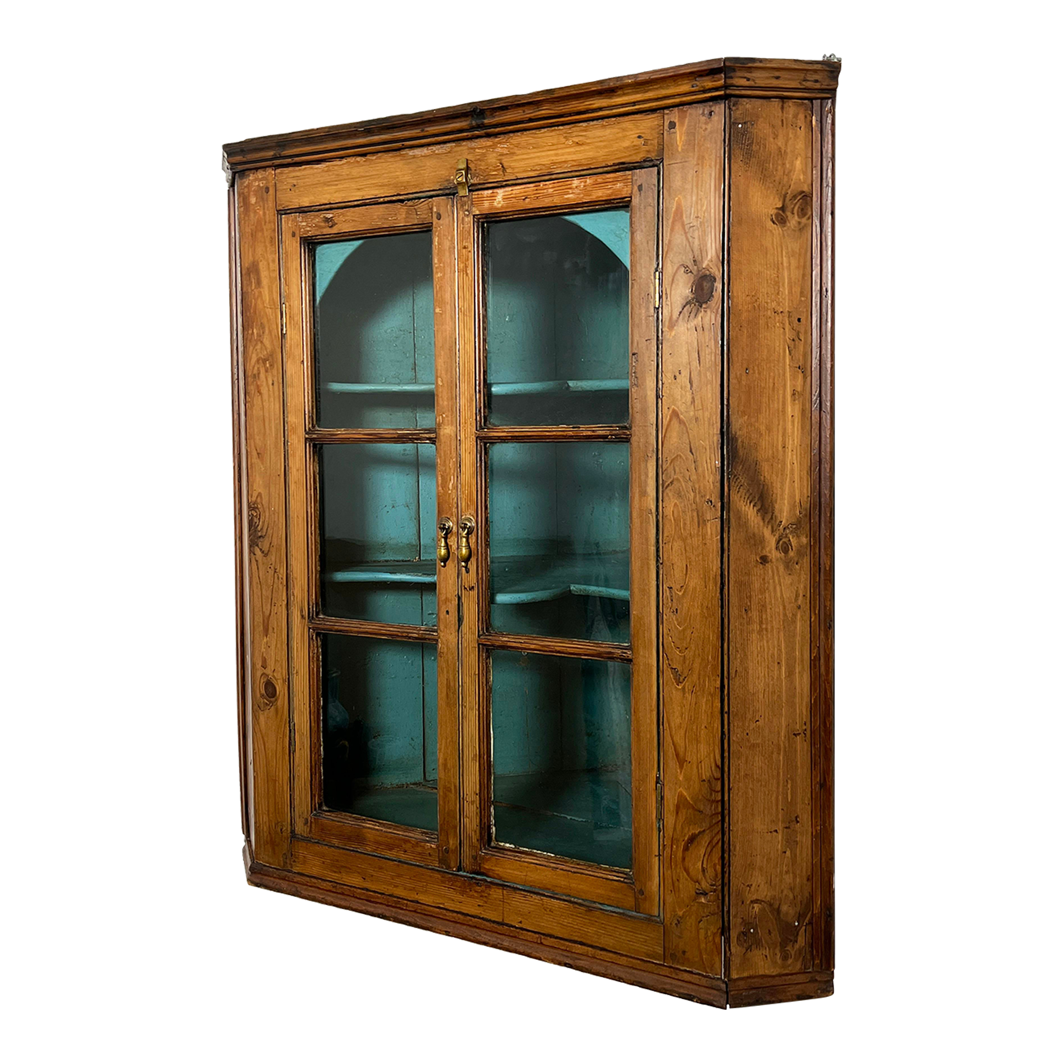 Antique 18th Century Pine Wall Hanging Corner Cabinet With Painted Blue Interior