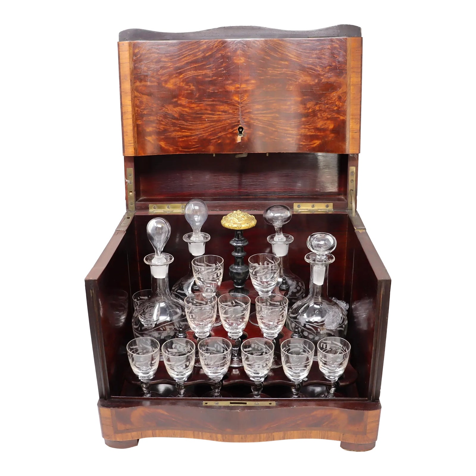 Antique Mahogany and Burl Liquor Cellarette Box / Tantalus With ...