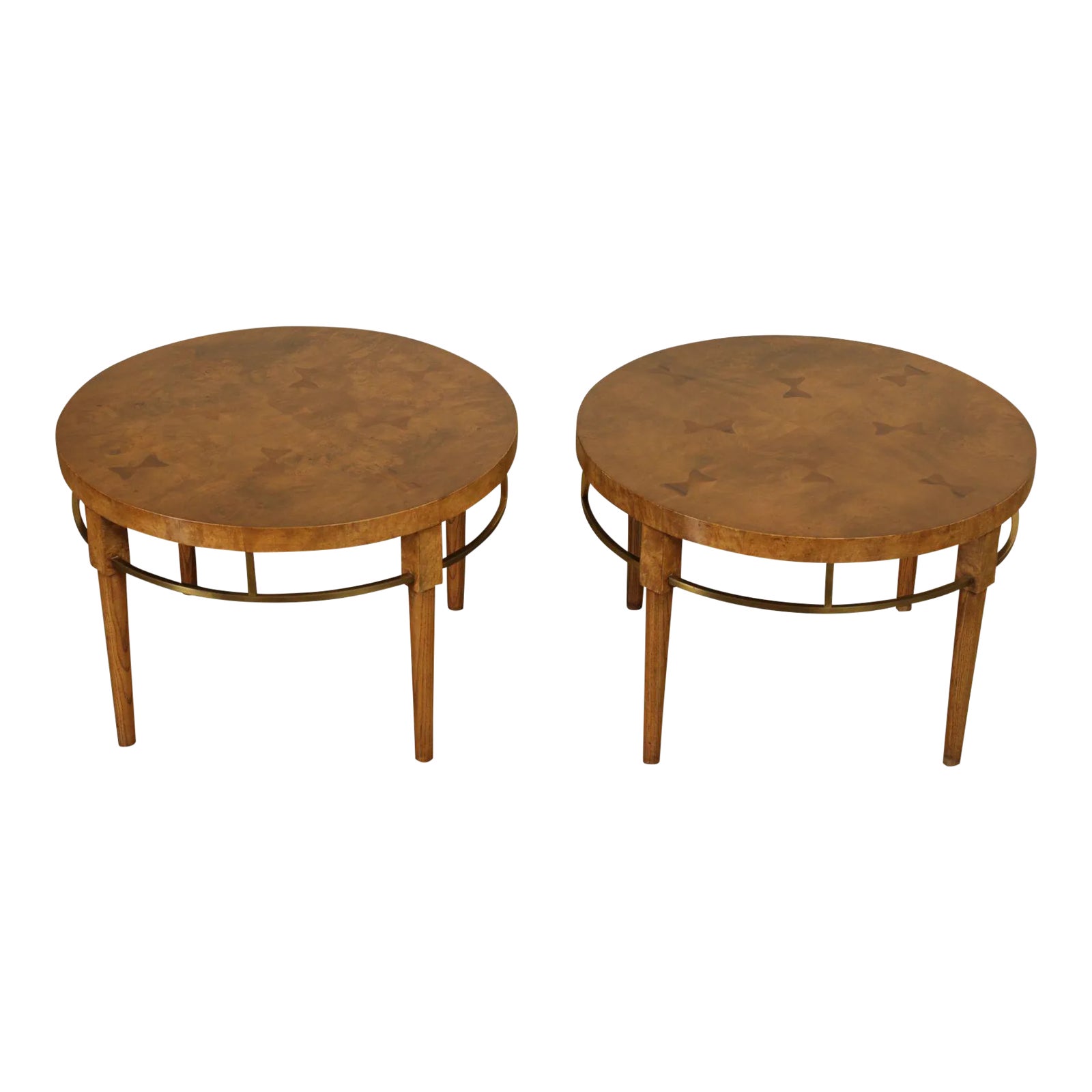 Mid-Century Modern Round Burl Wood and Brass Bow Tie Inlaid Side Tables ...