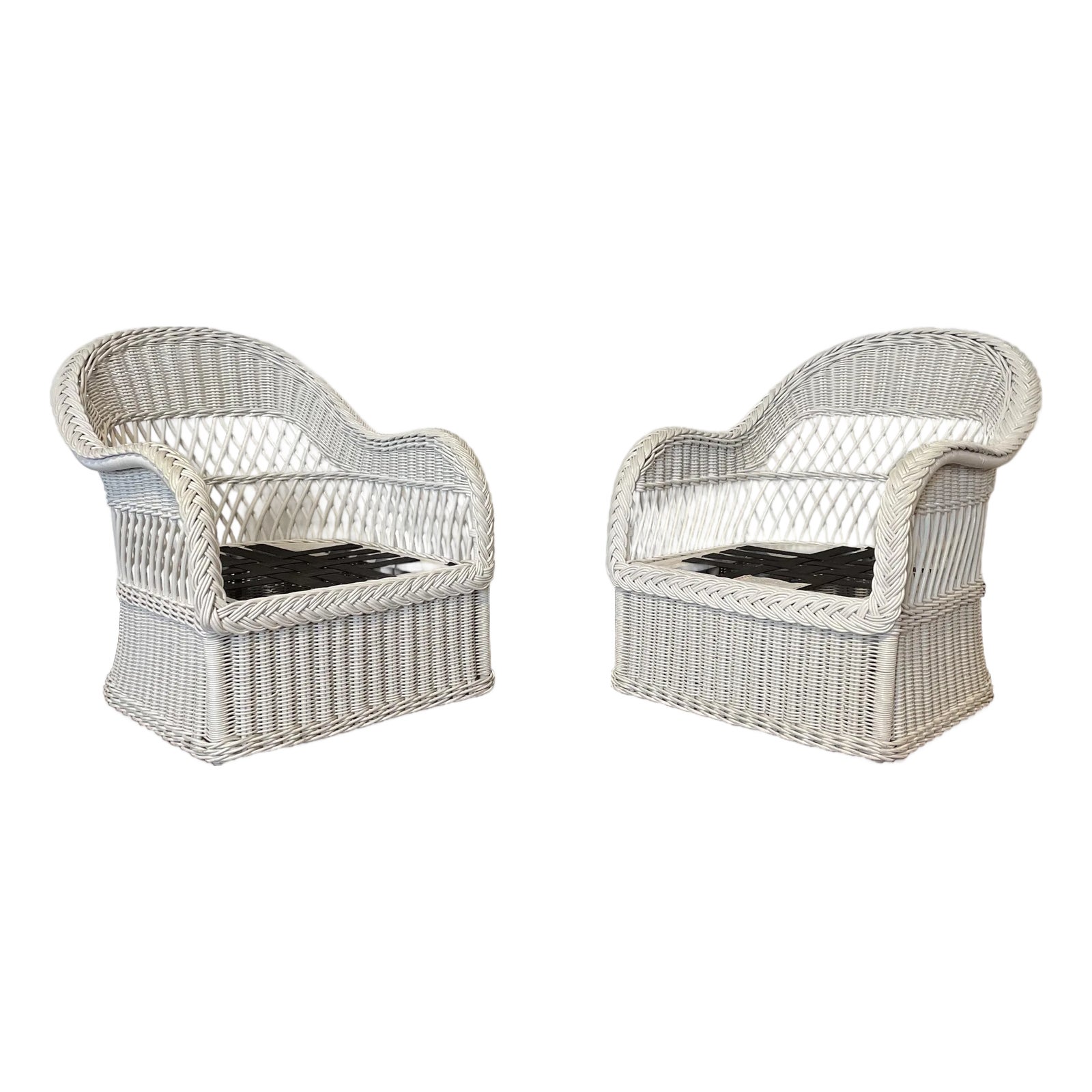 Vintage Coastal Henry Link Braided Rattan Wicker Lounge Chairs- A Pair ...
